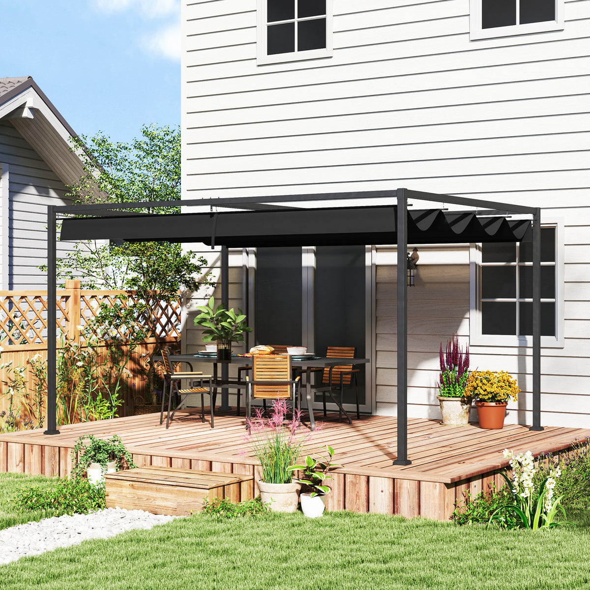 Outsunny 4 x 3m Metal Pergola, with Retractable Canopy Roof - Black | anydaydirect