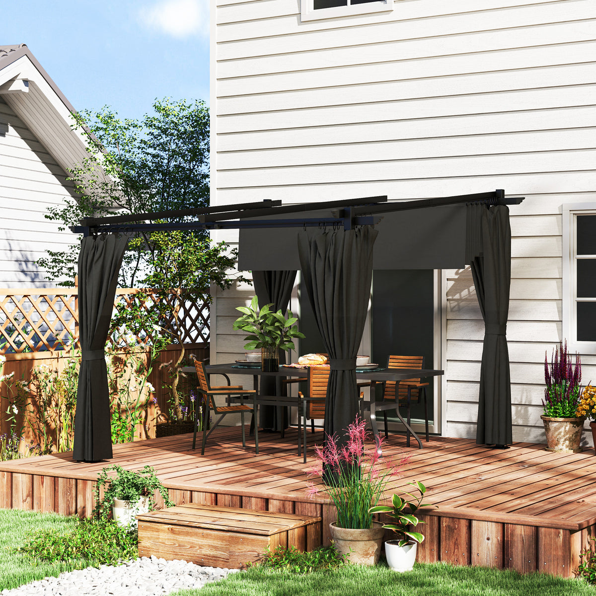 Outsunny 3 x 3 m Retractable Roof Pergola, with Curtains - Dark Grey | anydaydirect