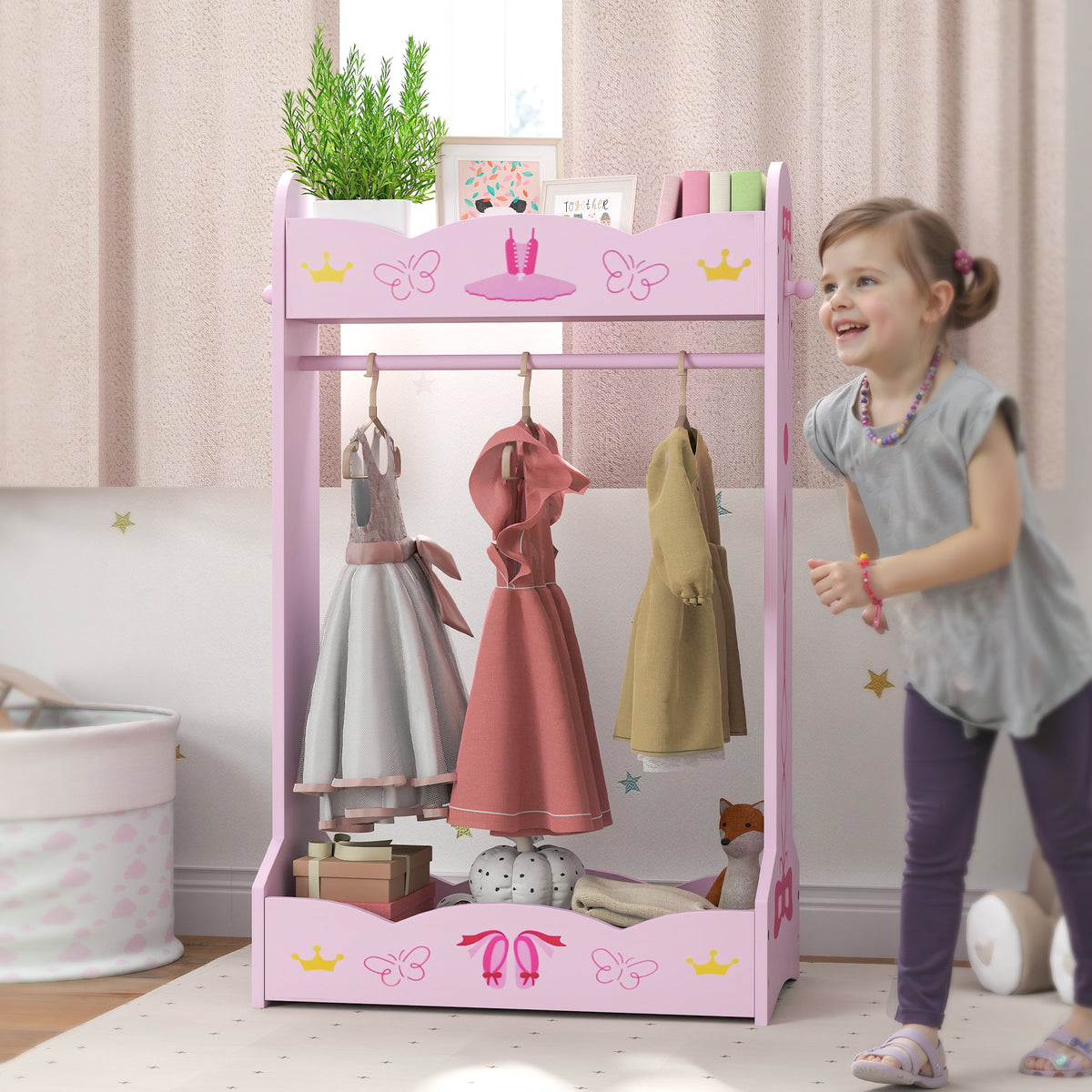 AIYAPLAY Kids Clothes Rail with 2 Storage Shelves for 3-8 Years Old, Pink | anydaydirect