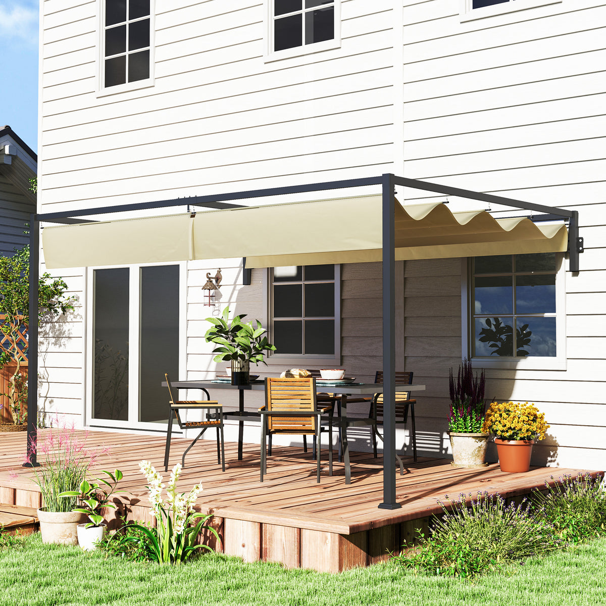 Outsunny 3 x 4m Lean To Steel Pergola, with Moving Fabric Canopy - Khaki | anydaydirect