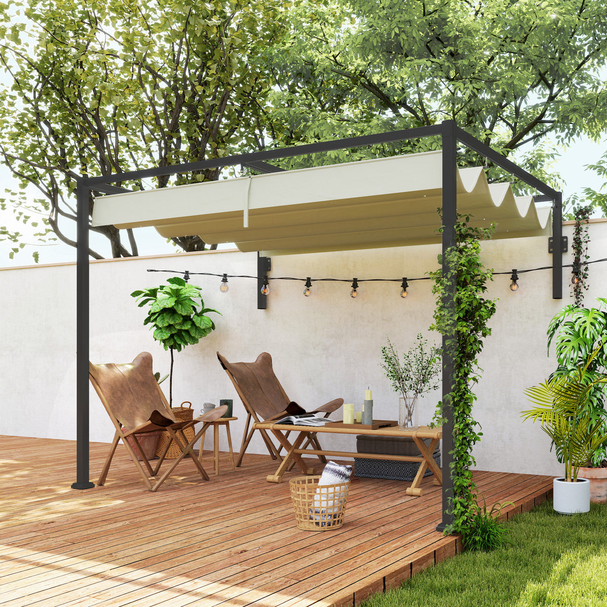 Outsunny 2 x 3(m) Lean To Steel Pergola, with Moving Fabric Canopy - Khaki | anydaydirect