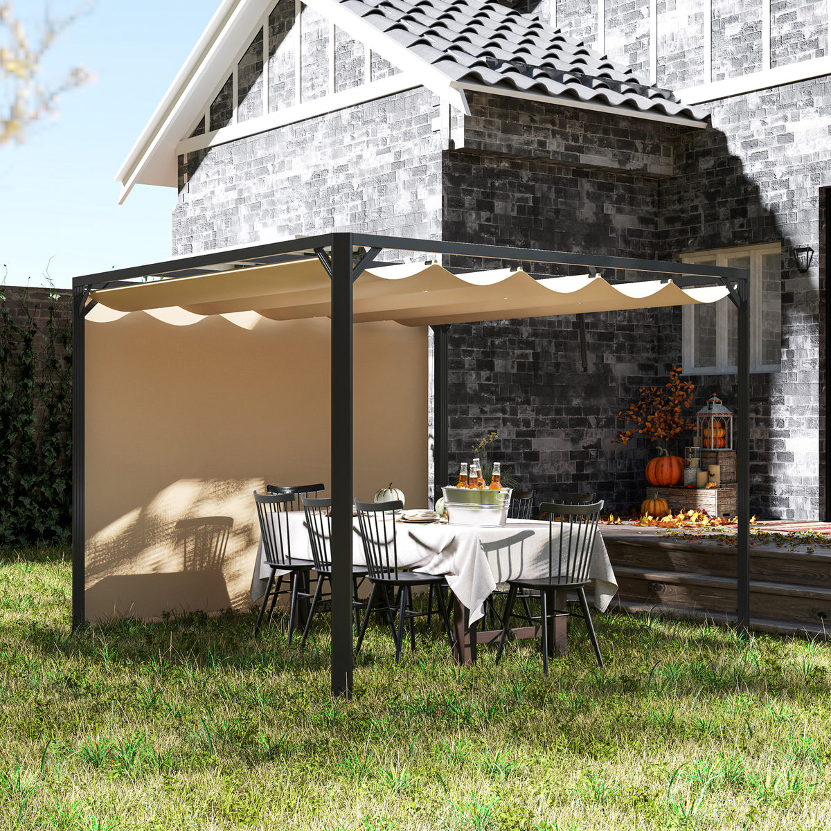 Outsunny 3 x 3m Aluminium Pergola, with Retractable Roof and Wall - Khaki | anydaydirect