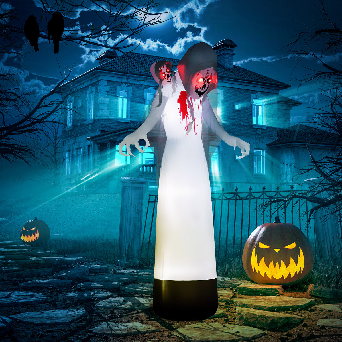 Outsunny 8.9ft Inflatable Three Headed Ghost Halloween Inflatable ...