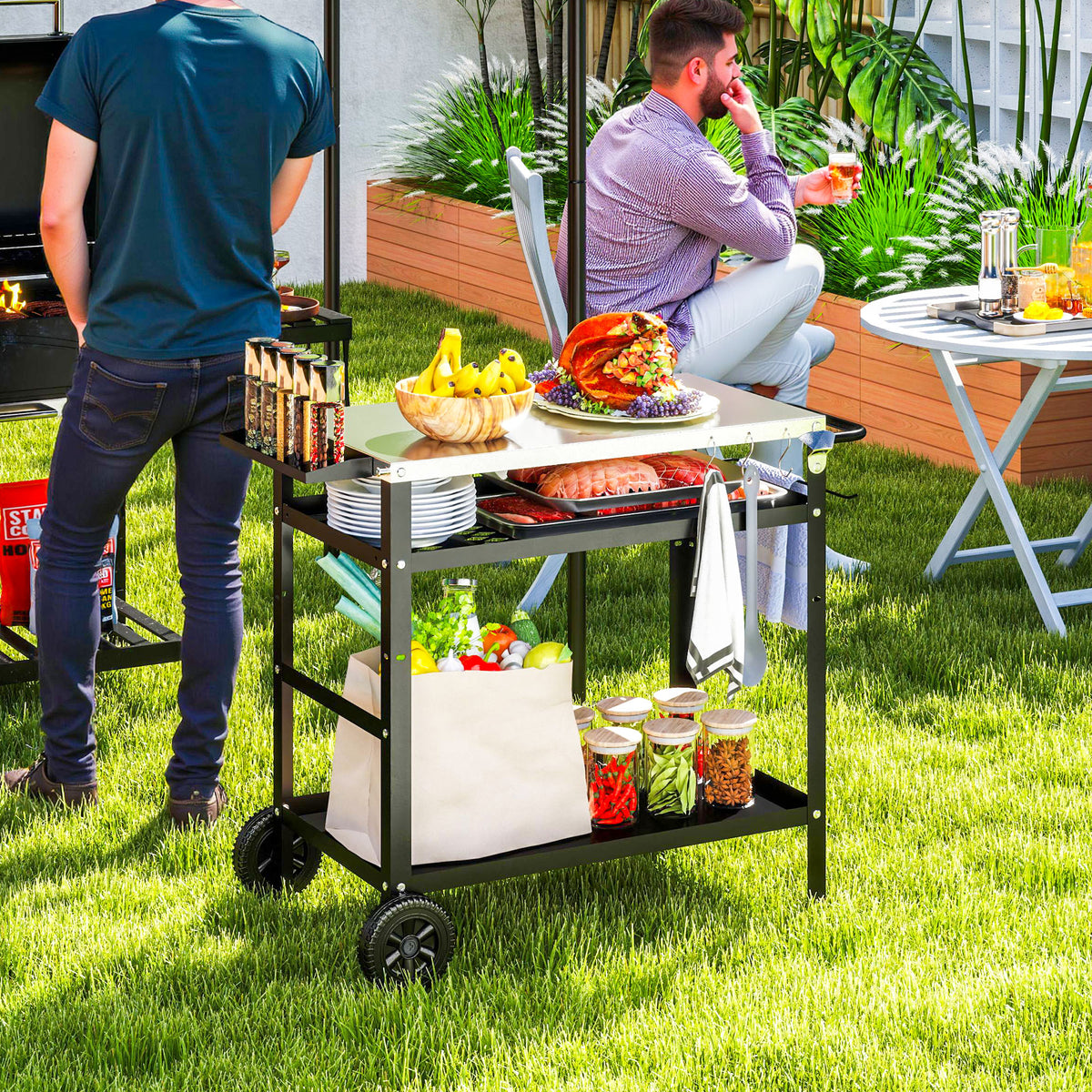 Outsunny BBQ Trolley with Stainless Steel Top Adjustable Shelf, Outdoor ...