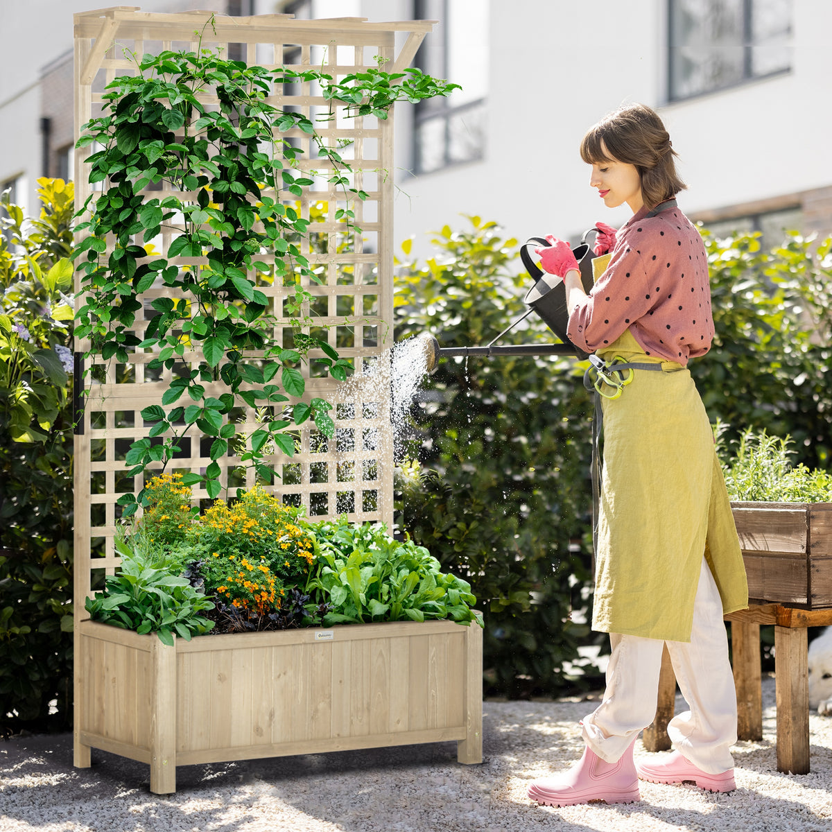 Outsunny Raised Bed with Drainage Holes, Wood Planter with Trellis for Climbing Plants to Grow ...