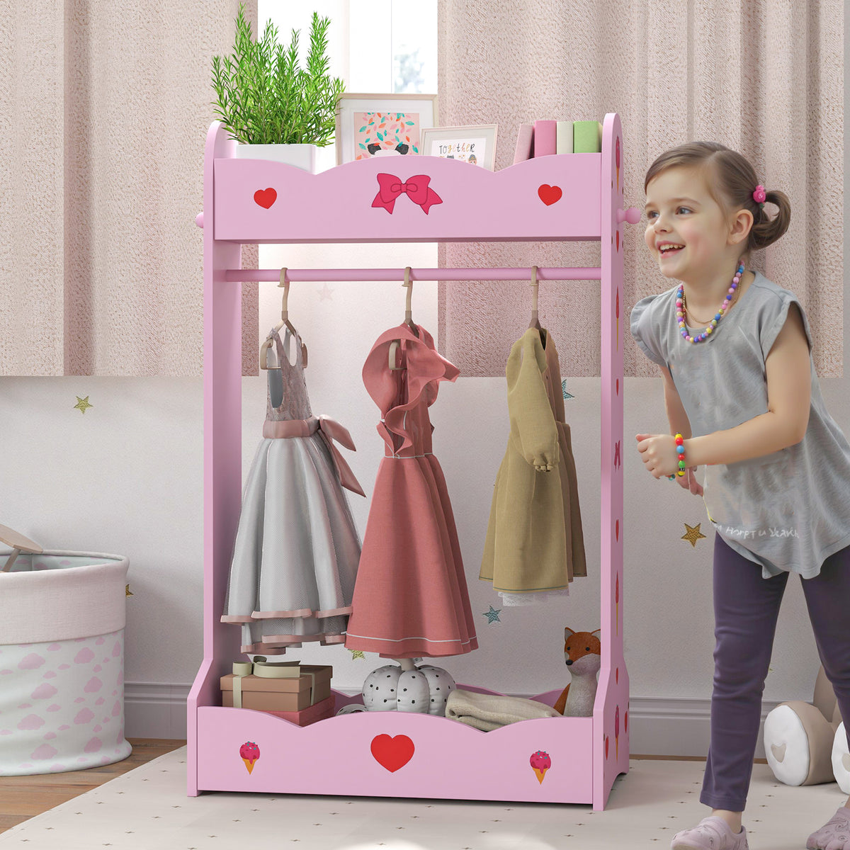 AIYAPLAY Kids Clothes Rail with 2 Storage Shelves for 3-8 Years Old ...
