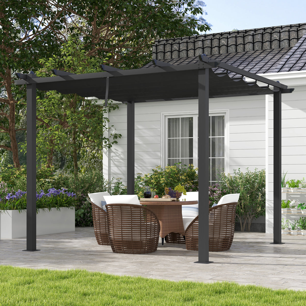 Outsunny 3 x 3m Aluminium Pergola, with Retractable Roof - Dark Grey | anydaydirect