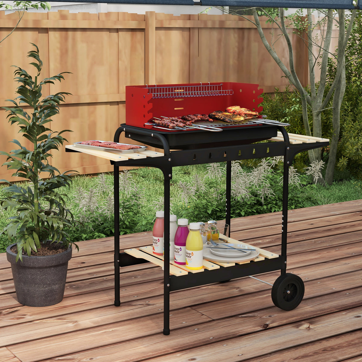 Outsunny Charcoal BBQ, with Five Position Grill Grate - Red | anydaydirect