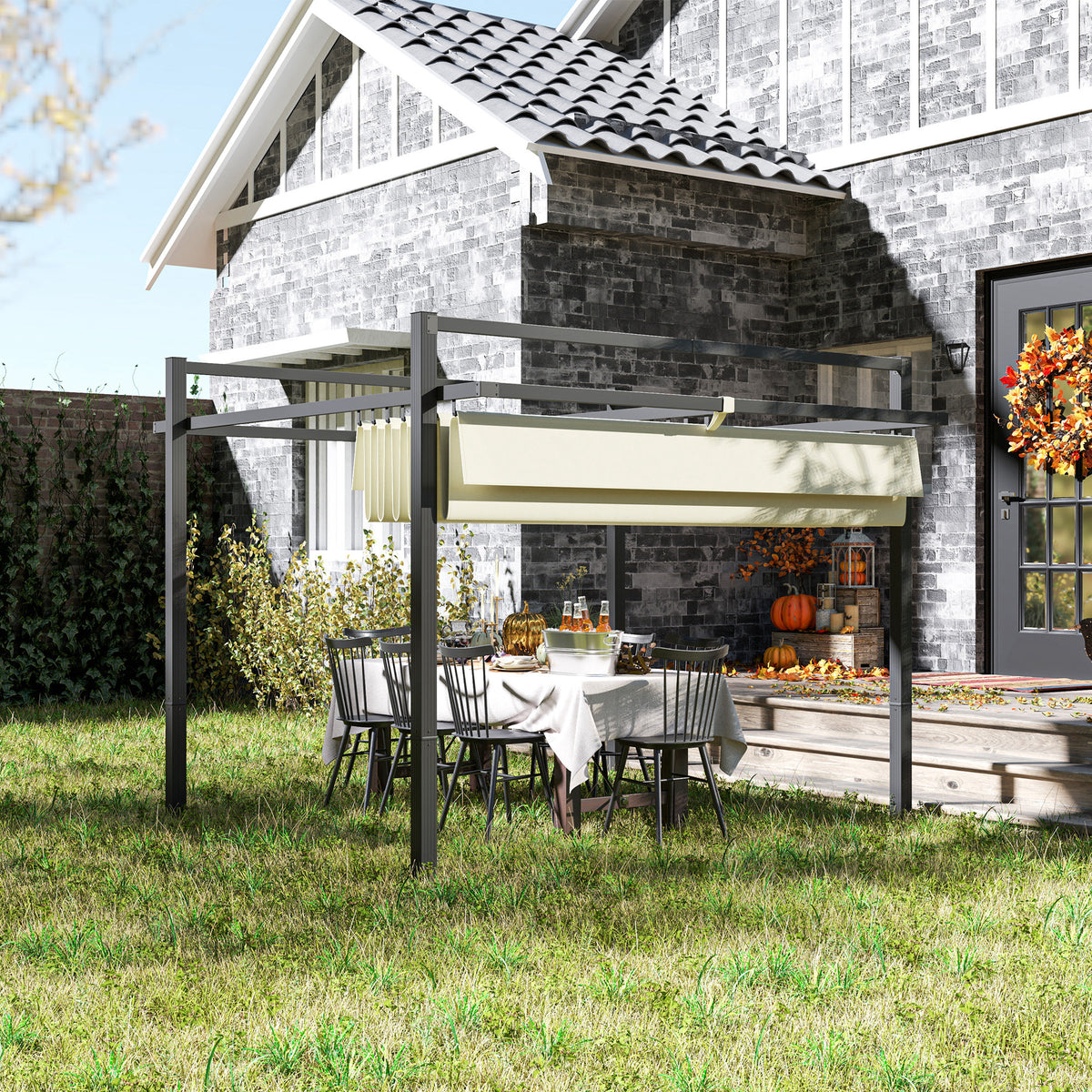 Outsunny 3 x 3m Aluminium Pergola, with Retractable Roof - Grey/Khaki | anydaydirect